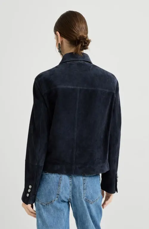 Brunello Cucinelli Couture Suede Cropped Pea Coat - Blue