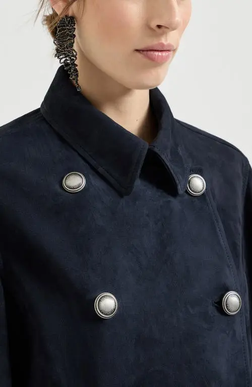 Brunello Cucinelli Couture Suede Cropped Pea Coat - Blue