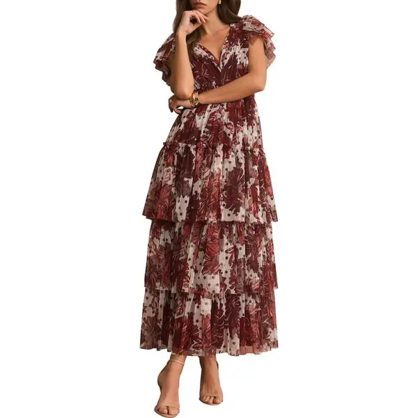 Mint Velvet Floral Print Tulle Midi Dress - Red