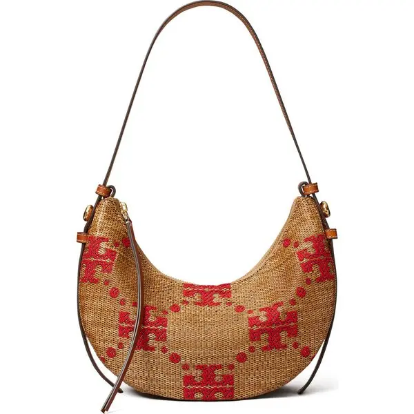 Tory Burch Romy T Monogram Straw Half-moon Shoulder Bag - Natural