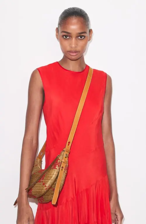 Tory Burch Romy T Monogram Straw Half-moon Shoulder Bag - Natural
