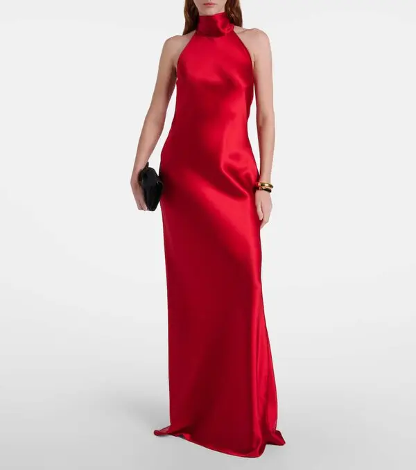 Ralph Lauren Chilton Halter Stretch Satin Evening Dress - Red | Editorialist