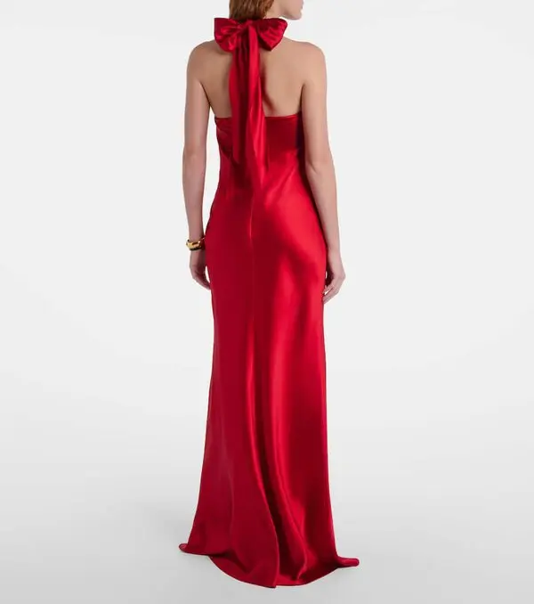 Ralph Lauren Chilton Halter Stretch Satin Evening Dress - Red | Editorialist