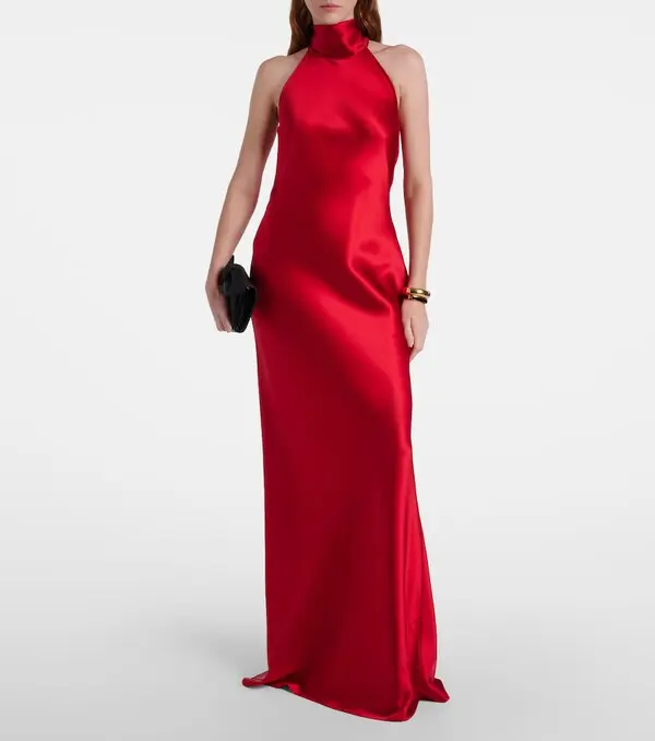 Ralph Lauren Halterneck Satin Gown - Red