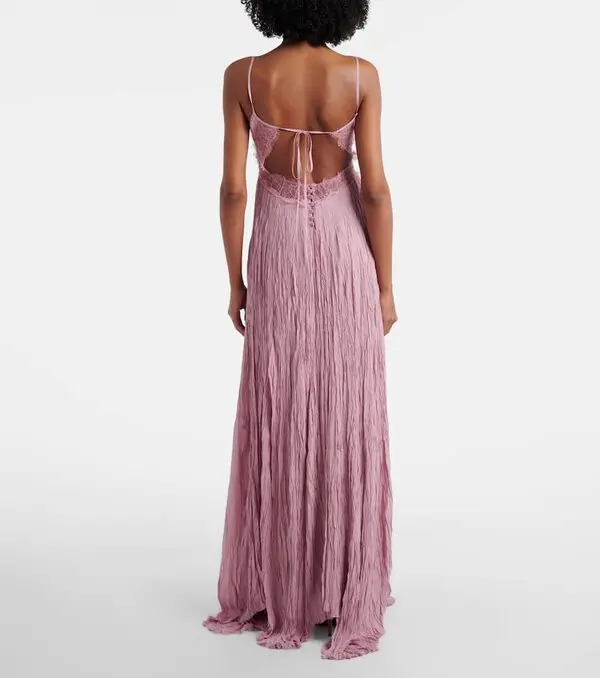 Blumarine Lace-trimmed Plissé Georgette Gown - Pink