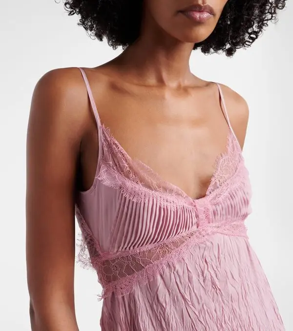 Blumarine Lace-trimmed Plissé Georgette Gown - Pink