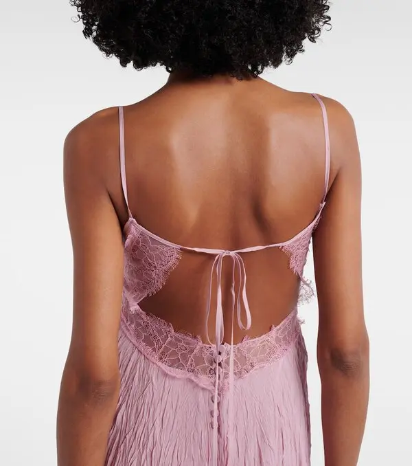 Blumarine Lace-trimmed Plissé Georgette Gown - Pink