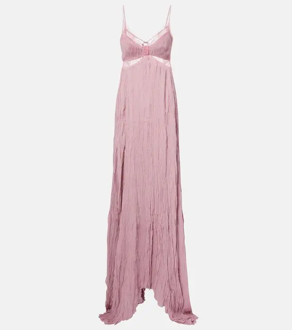Blumarine Lace-trimmed Plissé Georgette Gown - Pink