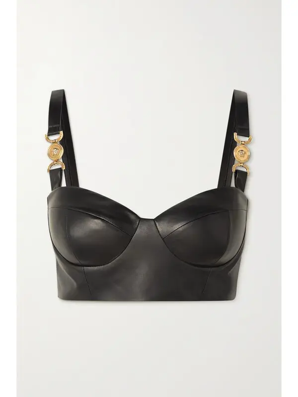 Versace Icons Embellished Leather Bustier Top - Black