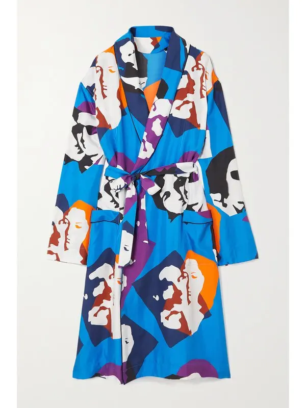 AZ FACTORY Pijama The Kiss Belted Printed Silk-twill Robe - Blue