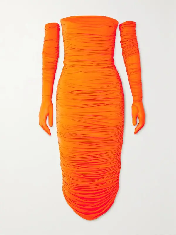 Alex Perry Clarion Strapless Ruched Dress And Gloves Set - Orange