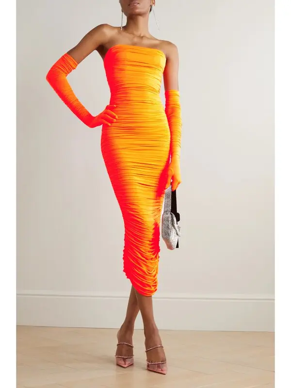 Alex Perry Clarion Strapless Ruched Dress And Gloves Set - Orange
