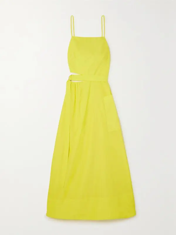 Tibi Belted Asymmetric Cutout Taffeta Midi Dress - Yellow