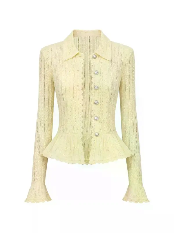 SELF-PORTRAIT Pointelle-knit Ruffled Cardigan - Yellow