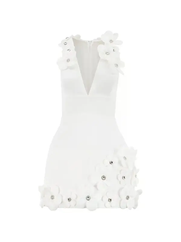 BRONX AND BRONCO Estelle Floral Appliqué V-neck Mini Dress - White