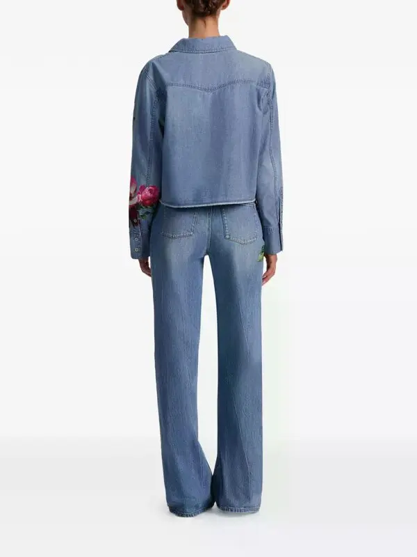 Alice + Olivia Floral Cropped Denim Shirt - Blue