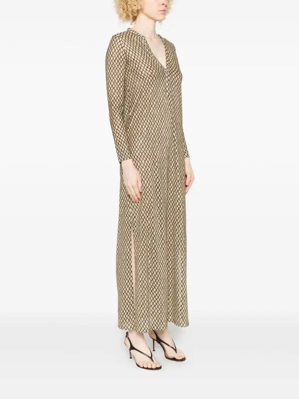 SIYU Long Sleeve Printed V-neck Kaftan Dress - Beige