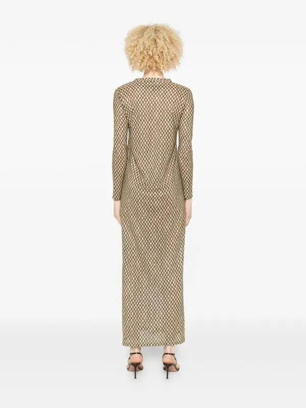 SIYU Long Sleeve Printed V-neck Kaftan Dress - Beige