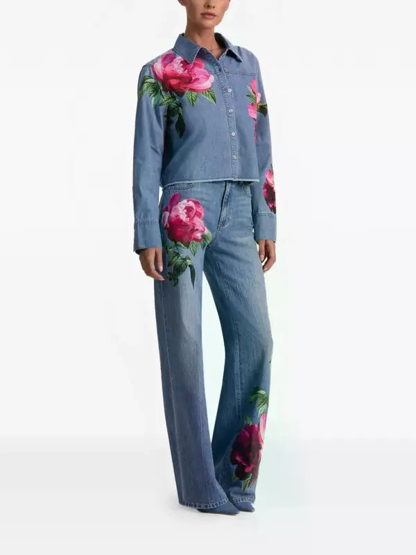 Alice + Olivia Floral Cropped Denim Shirt