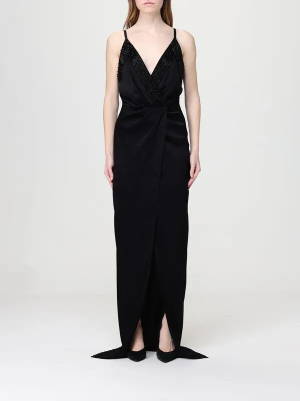 Elisabetta Franchi Long Satin Dress With Sequins And V-neck - Black