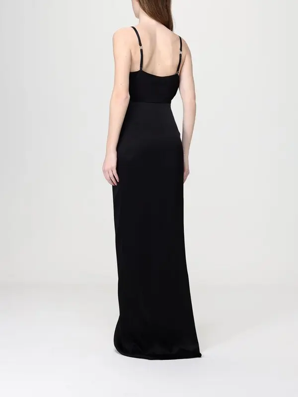 Elisabetta Franchi Long Satin Dress With Sequins And V-neck - Black