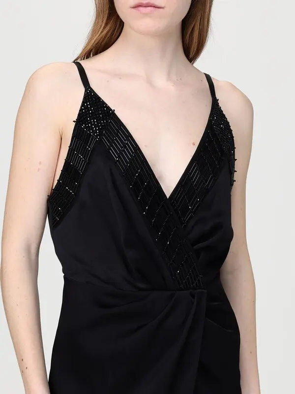 Elisabetta Franchi Long Satin Dress With Sequins And V-neck - Black