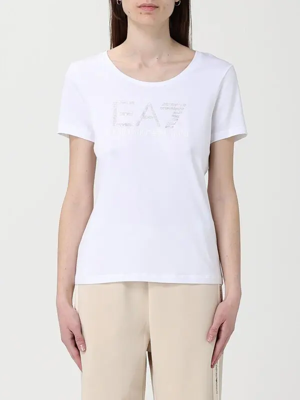 EA7 Cotton T-shirt With Rhinestone Logo - White