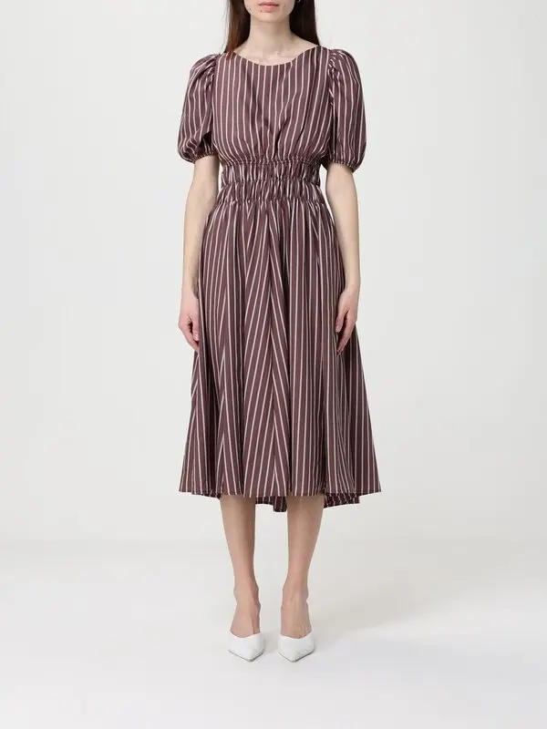 Pinko Striped Cotton Midi Dress With Puff Sleeves