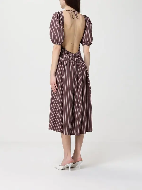 Pinko Striped Cotton Midi Dress With Puff Sleeves