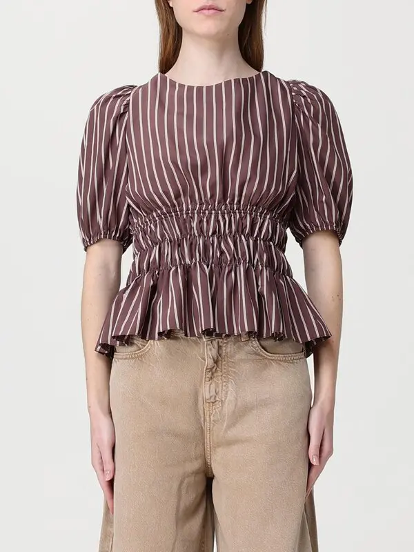 Pinko Striped Viscose Puff Sleeve Blouse With Ruffled Hem - Brown