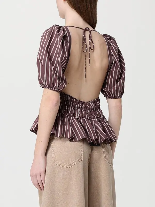 Pinko Striped Viscose Puff Sleeve Blouse With Ruffled Hem - Brown