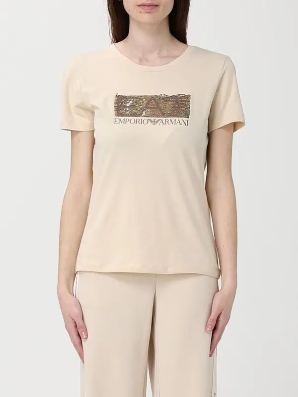EA7 Cotton T-shirt With Sequin Logo - Beige