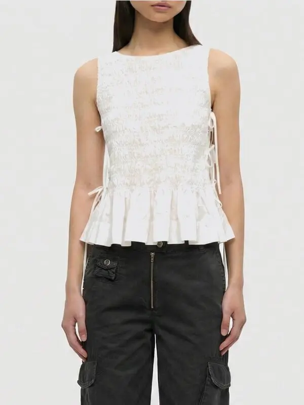GANNI Sleeveless Cotton Top With Ruffled Hem - White