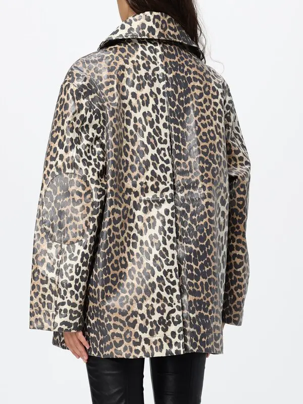 GANNI Animal Print Waxed Cotton Canvas Jacket - Brown