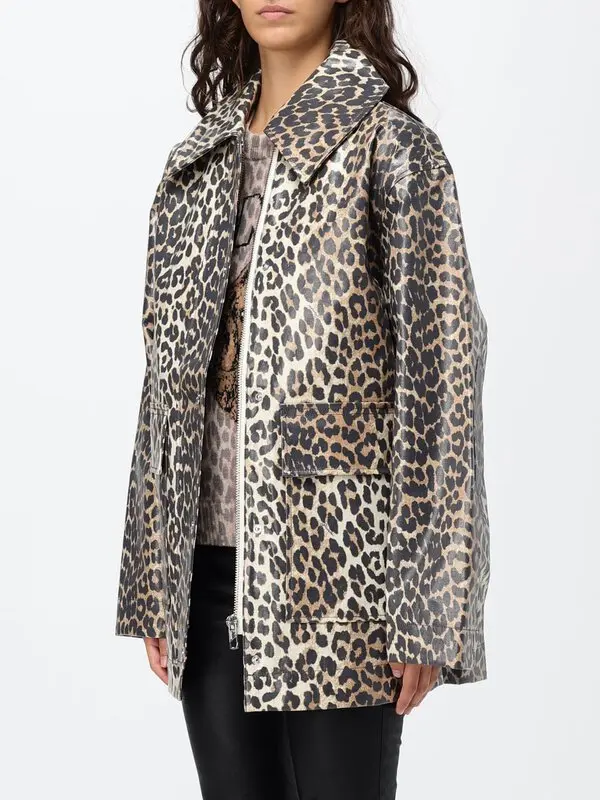 GANNI Animal Print Waxed Cotton Canvas Jacket - Brown