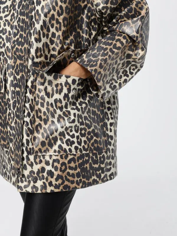 GANNI Animal Print Waxed Cotton Canvas Jacket - Brown