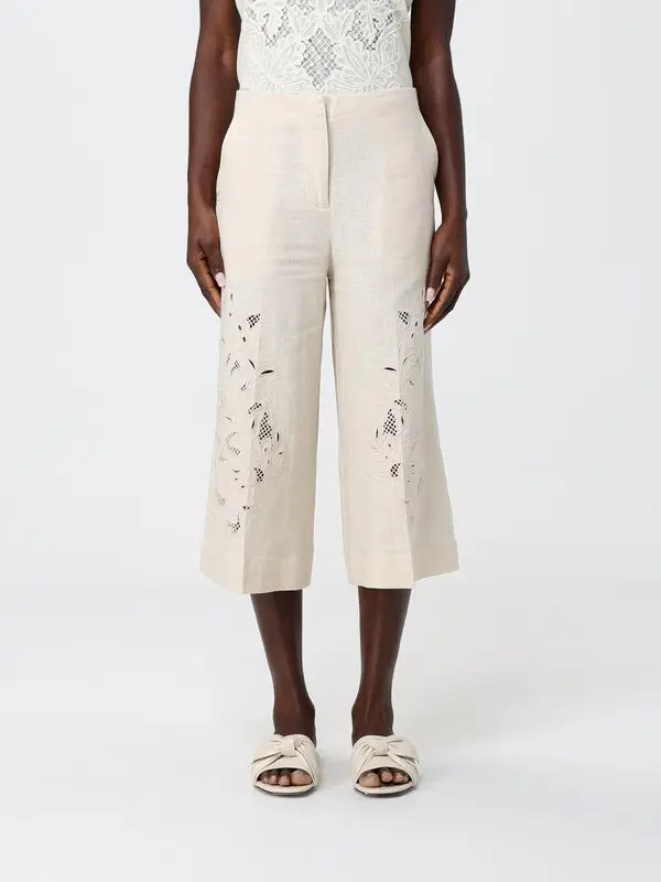 TWINSET Linen Cropped Trousers With Lace Inserts - Pearl