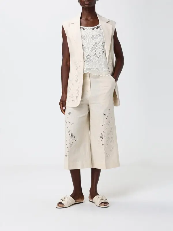 TWINSET Linen Cropped Trousers With Lace Inserts - Pearl