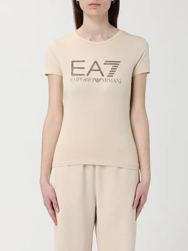EA7 Rhinestone Logo Cotton T-shirt - Beige