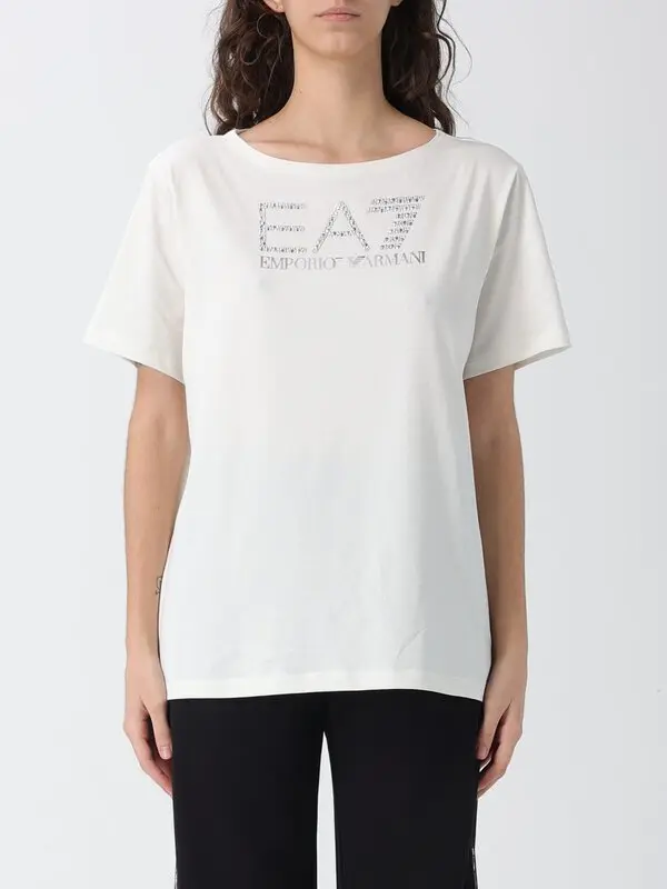 EA7 Cotton T-shirt With Rhinestone Logo - White
