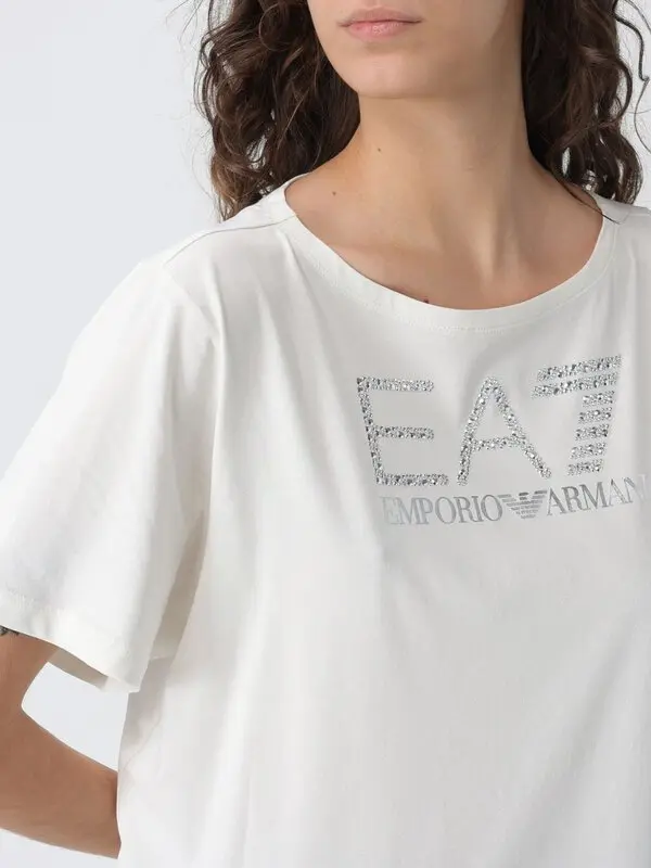 EA7 Cotton T-shirt With Rhinestone Logo - White