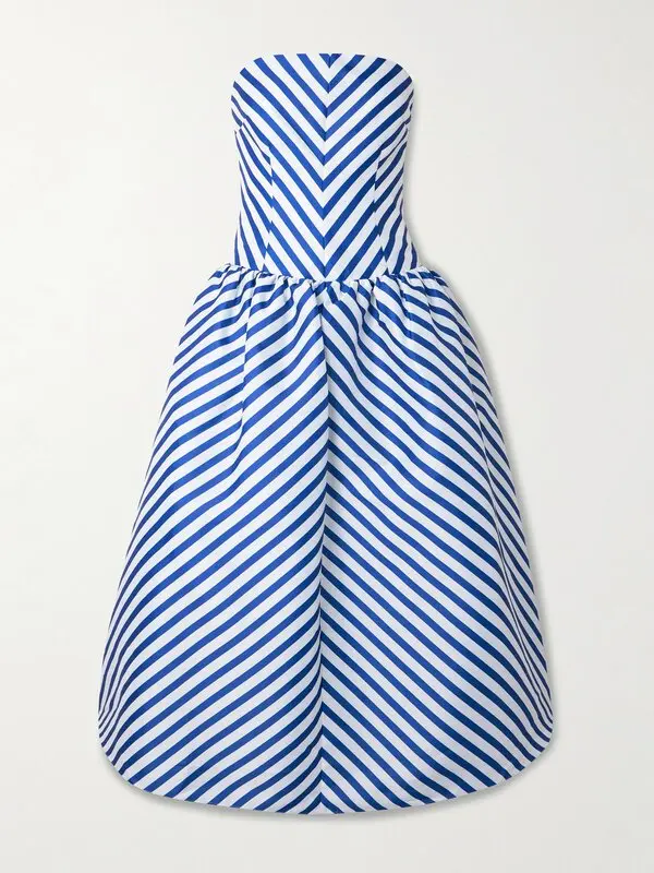 SELF-PORTRAIT Strapless Striped Taffeta Midi Dress