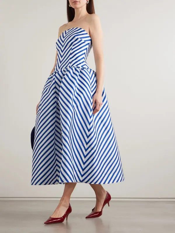 SELF-PORTRAIT Strapless Striped Taffeta Midi Dress