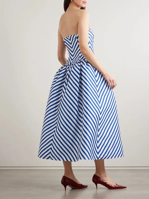 SELF-PORTRAIT Strapless Striped Taffeta Midi Dress
