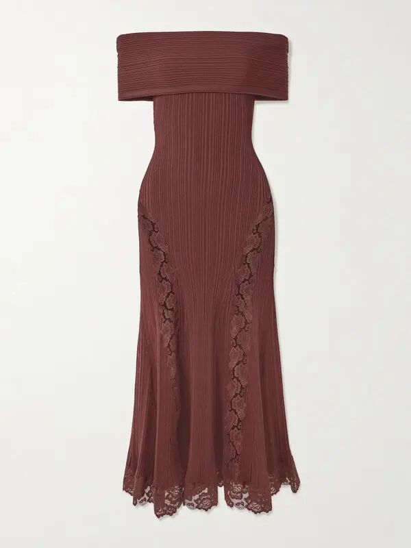 SELF-PORTRAIT Off-the-shoulder Lace-trimmed Ribbed-knit Midi Dress