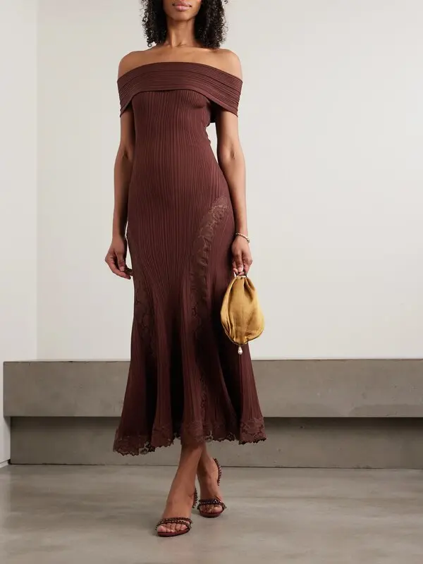 SELF-PORTRAIT Off-the-shoulder Lace-trimmed Ribbed-knit Midi Dress