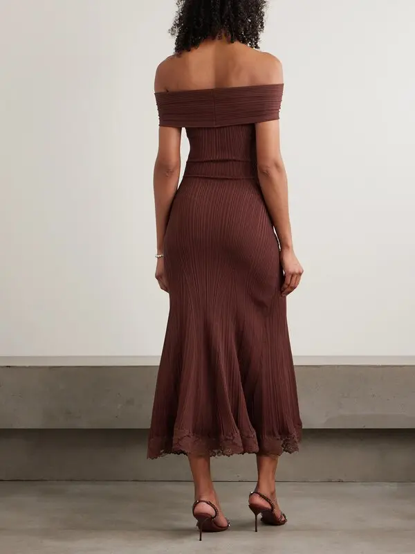 SELF-PORTRAIT Off-the-shoulder Lace-trimmed Ribbed-knit Midi Dress