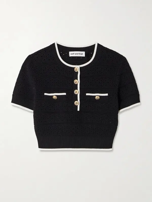 SELF-PORTRAIT Cropped Metallic Pointelle-knit Top