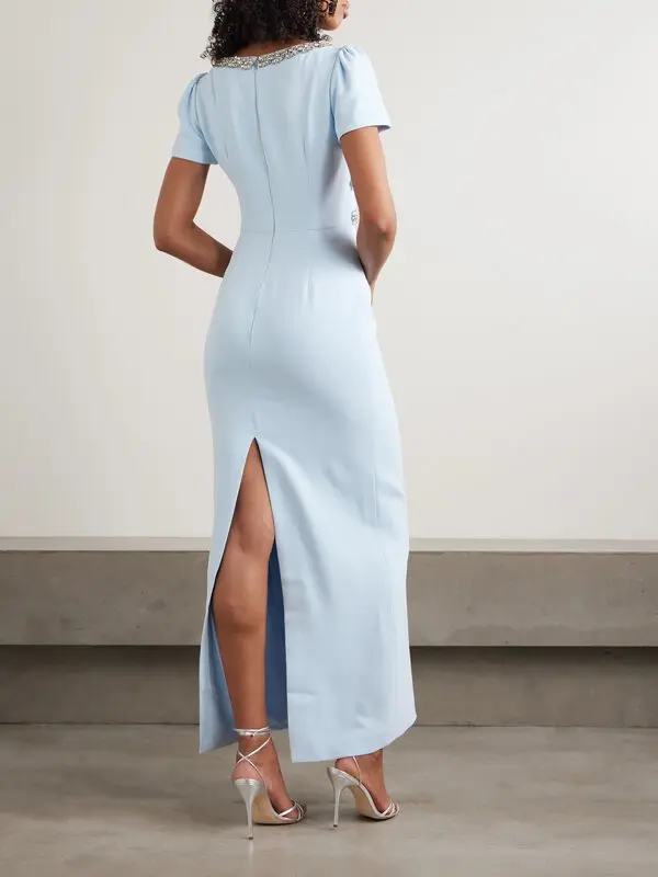 Self-Portrait Bow-Detailed Crystal-Embellished Crepe Maxi Dress In Blue