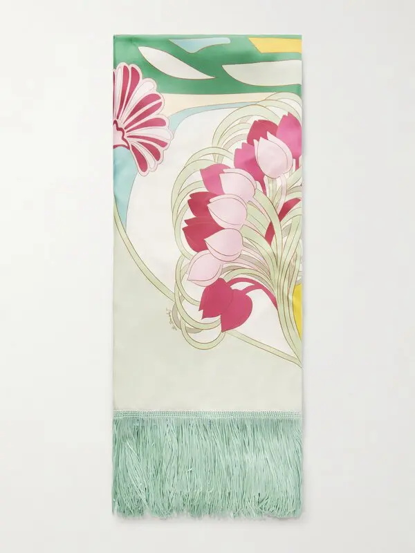 La DoubleJ Fringed Printed Silk-twill Scarf - Green